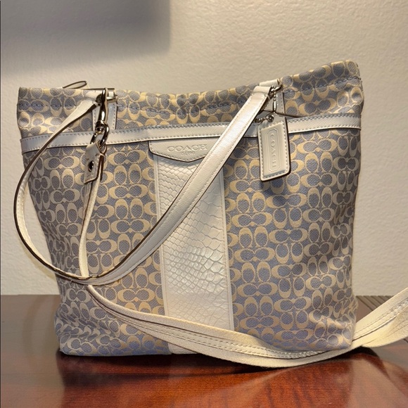 Coach | Bags | Coach Blue White Leather Monogram Signature Stripe Tote ...